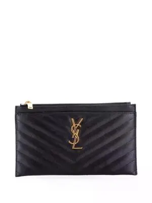 Saint Laurent Classic Monogram Zip Bill Matelasse Chevron Leather Medium Pouch - Black