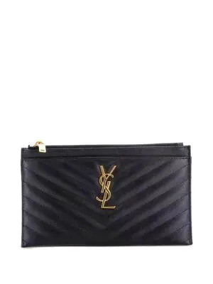 Saint Laurent Classic Monogram Zip Bill Matelasse Chevron Leather Medium Pouch - Black