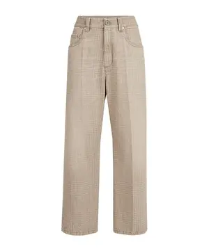 Brunello Cucinelli Prince Of Wales Denim Contemporary Square Trousers With Monili - Sand