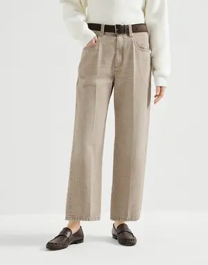 Brunello Cucinelli Prince Of Wales Denim Contemporary Square Trousers With Monili - Sand