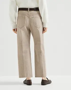 Brunello Cucinelli Prince Of Wales Denim Contemporary Square Trousers With Monili - Sand