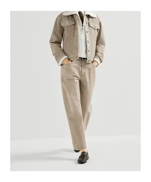 Brunello Cucinelli Prince Of Wales Denim Contemporary Square Trousers With Monili - Sand