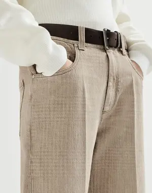 Brunello Cucinelli Prince Of Wales Denim Contemporary Square Trousers With Monili - Sand