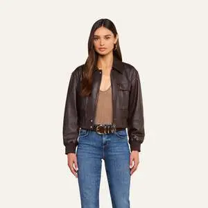 L'Agence Clotilde Cropped Leather Bomber Jacket - Brunette