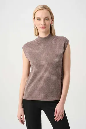 Joseph Ribkoff Sweater Knit Sleeveless Pullover With Iron-on Detail - Mink/gold