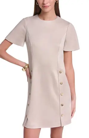 Halston Short Sleeve Suede Shift Dress - Beige