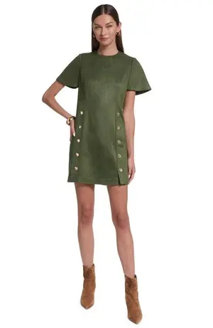 Halston Short Sleeve Suede Shift Dress - Olive