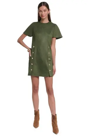 Halston Short Sleeve Suede Shift Dress - Olive