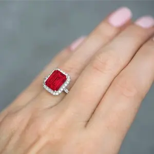 ALLUREZ Emerald Cut Ruby And Diamond Engagement Ring In 14k White Gold