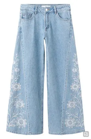 Mango Embroidered Wide Leg Jeans - Medium Blue