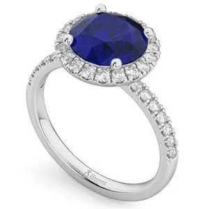 ALLUREZ Halo Blue Sapphire And Diamond Engagement Ring In 14k White Gold