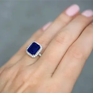 ALLUREZ Emerald Cut Blue Sapphire And Diamond Halo Ring In 14k White Gold