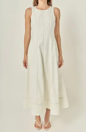 English Factory Stitch Detail Linen Midi Dress - White/black