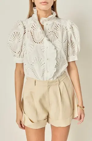 English Factory Embroidered Ruffle Eyelet Cotton Top - White
