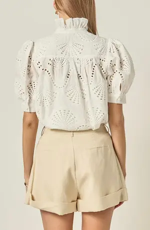 English Factory Embroidered Ruffle Eyelet Cotton Top