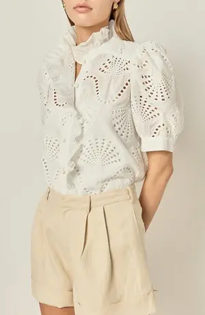 English Factory Embroidered Ruffle Eyelet Cotton Top
