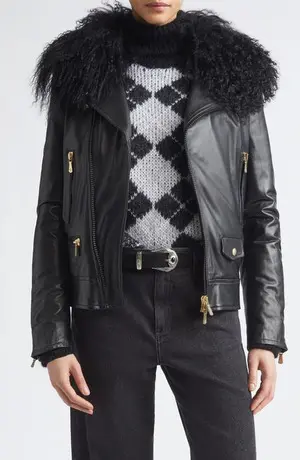 Eleventy Genuine Shearling Collar Leather Biker Jacket - 22 Black