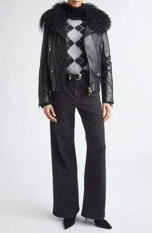 Eleventy Genuine Shearling Collar Leather Biker Jacket