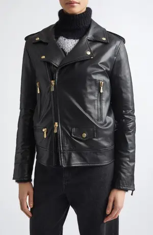 Eleventy Genuine Shearling Collar Leather Biker Jacket