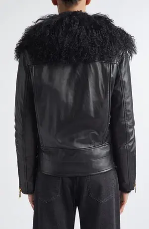 Eleventy Genuine Shearling Collar Leather Biker Jacket