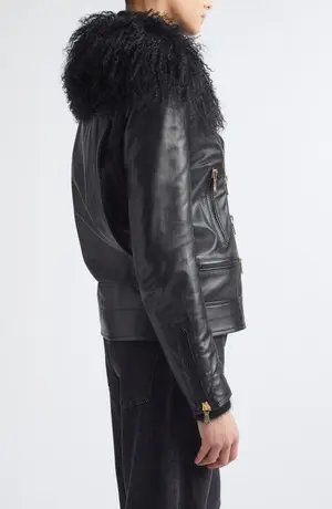 Eleventy Genuine Shearling Collar Leather Biker Jacket