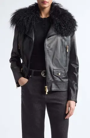 Eleventy Genuine Shearling Collar Leather Biker Jacket - 22 Black