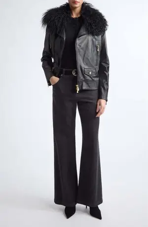 Eleventy Genuine Shearling Collar Leather Biker Jacket