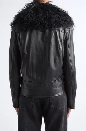 Eleventy Genuine Shearling Collar Leather Biker Jacket