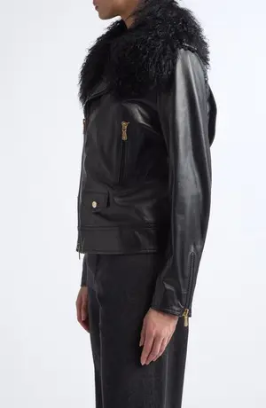 Eleventy Genuine Shearling Collar Leather Biker Jacket