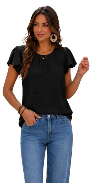 ZILPU Lightweight Pleated Flutter Sleeve Chiffon Blouse - Black