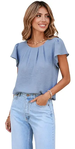 ZILPU Lightweight Pleated Flutter Sleeve Chiffon Blouse - Blue