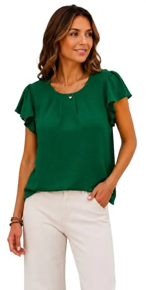 ZILPU Lightweight Pleated Flutter Sleeve Chiffon Blouse - Green