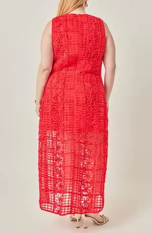 Endless Rose Sleeveless Textured Floral Lattice Maxi Dress - Red