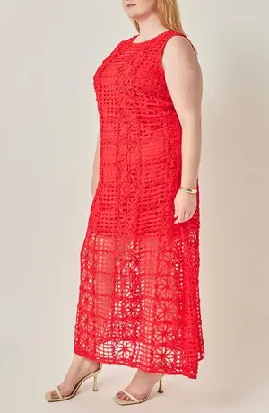 Endless Rose Sleeveless Textured Floral Lattice Maxi Dress - Red