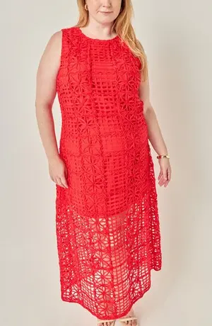 Endless Rose Sleeveless Textured Floral Lattice Maxi Dress - Red
