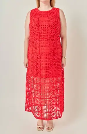 Endless Rose Sleeveless Textured Floral Lattice Maxi Dress - Red