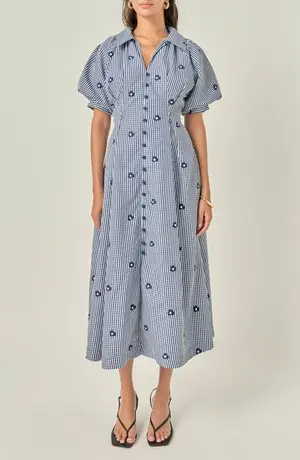 English Factory Embroidered Gingham Shirt Midi Dress - Navy