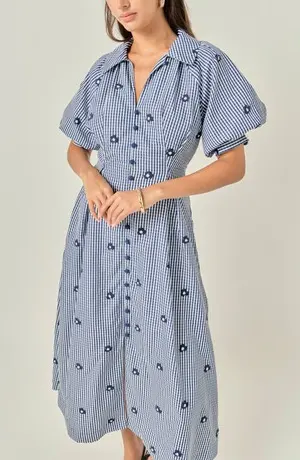 English Factory Embroidered Gingham Shirt Midi Dress