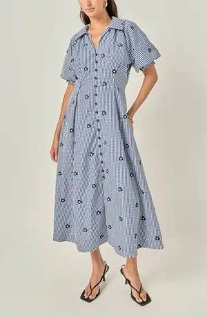 English Factory Embroidered Gingham Shirt Midi Dress