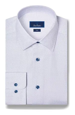 David Donahue Trim Fit Micro Geometric Print Stretch Dress Shirt - White/lilac