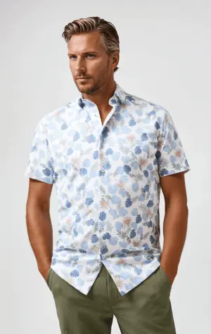 Stone Rose Tech Pique Resort Print Ss Button-up Shirt - White