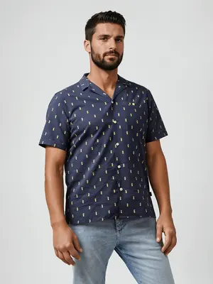 Stone Rose Seersucker Pineapple Print Resort Ss Button-up Shirt - Dark Navy