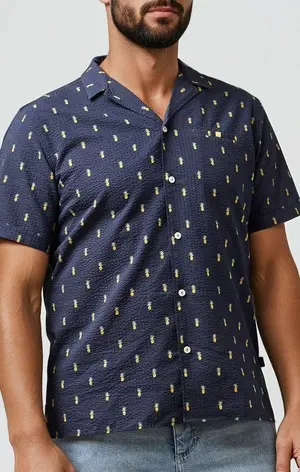 Stone Rose Seersucker Pineapple Print Resort Ss Button-up Shirt