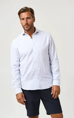 Stone Rose Linen Stripe Ls Button-up Shirt - Light Blue