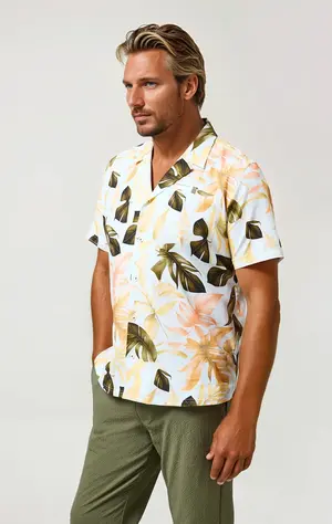 Stone Rose Linen Big Floral Ss Resort Shirt - Medium Green