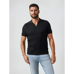 Stone Rose Pique Knit Johnny Collar Polo - Black