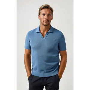 Stone Rose Pique Knit Johnny Collar Polo Medium Blue