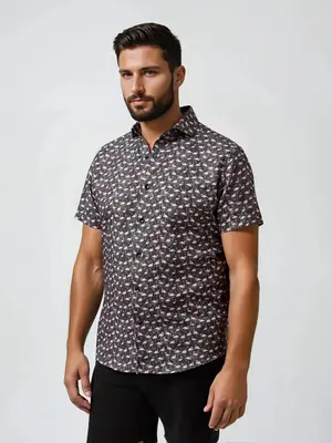 Stone Rose Linen Flamingo Print Ss Button-up Shirt - Black