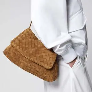 Bottega Veneta Giorno Bag In Amber Intrecciato Suede