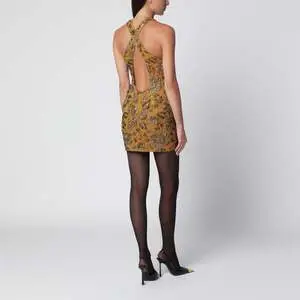 Saint Laurent Mini Dress In Gold Stretch Brocade